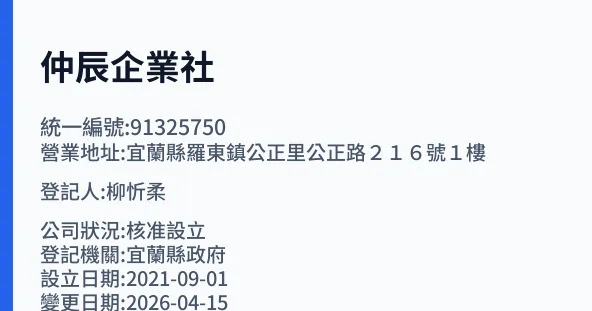 仲辰企業社的照片-統編 91325750(宜蘭縣) 公司登記資料與營業項目詳細圖表