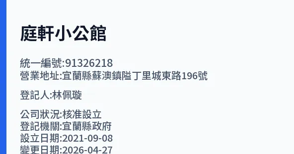 庭軒小公館的照片-統編 91326218(宜蘭縣) 公司登記資料與營業項目詳細圖表