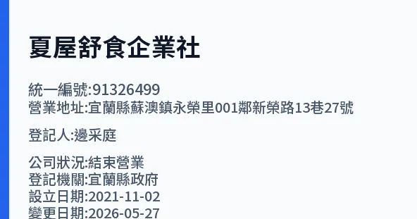 夏屋舒食企業社的照片-統編 91326499(宜蘭縣) 公司登記資料與營業項目詳細圖表