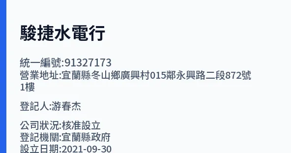駿捷水電行的照片-統編 91327173(宜蘭縣) 公司登記資料與營業項目詳細圖表