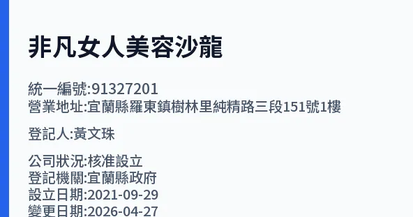 非凡女人美容沙龍的照片-統編 91327201(宜蘭縣) 公司登記資料與營業項目詳細圖表