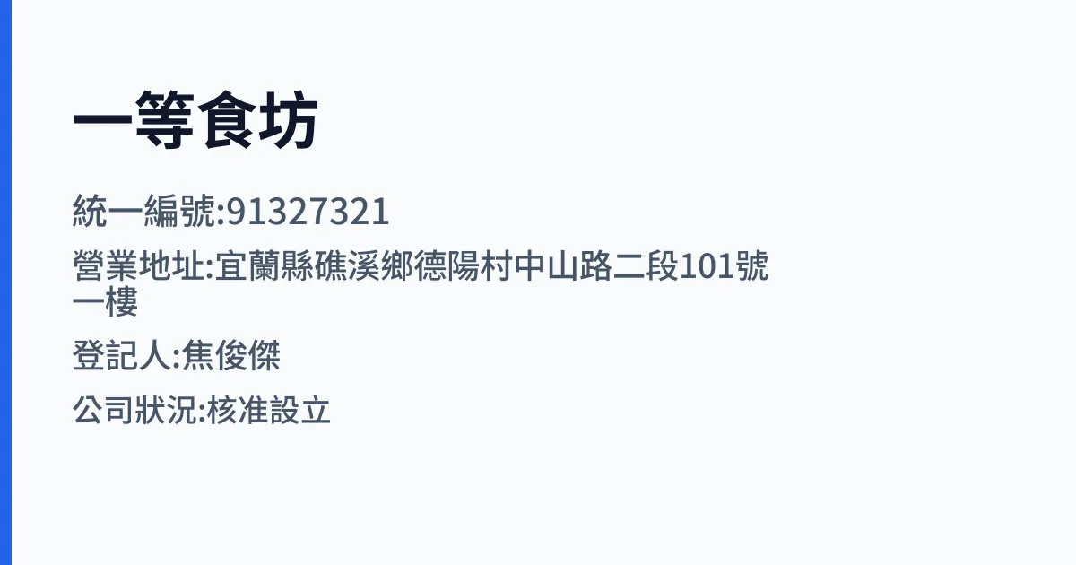 一等食坊 - 統編 91327321(宜蘭縣) 公司登記資料與營業項目詳細圖表