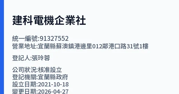 建科電機企業社的照片-統編 91327552(宜蘭縣) 公司登記資料與營業項目詳細圖表