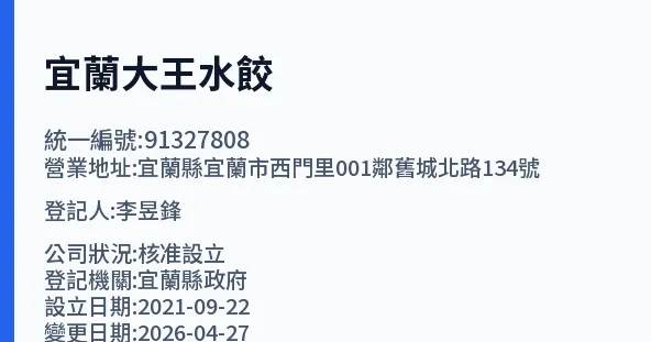 宜蘭大王水餃的照片-統編 91327808(宜蘭縣) 公司登記資料與營業項目詳細圖表