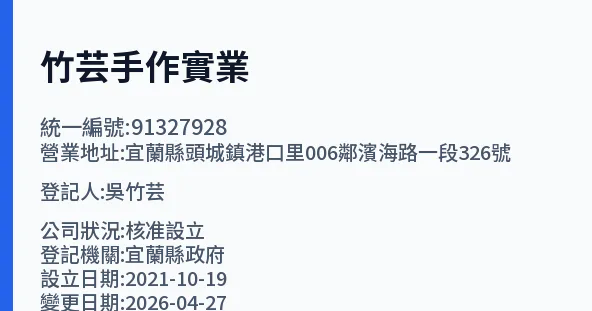 竹芸手作實業的照片-統編 91327928(宜蘭縣) 公司登記資料與營業項目詳細圖表