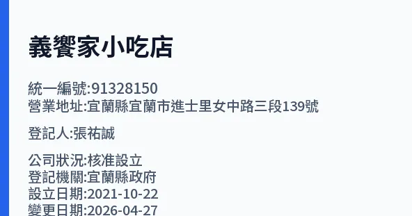 義饗家小吃店的照片-統編 91328150(宜蘭縣) 公司登記資料與營業項目詳細圖表