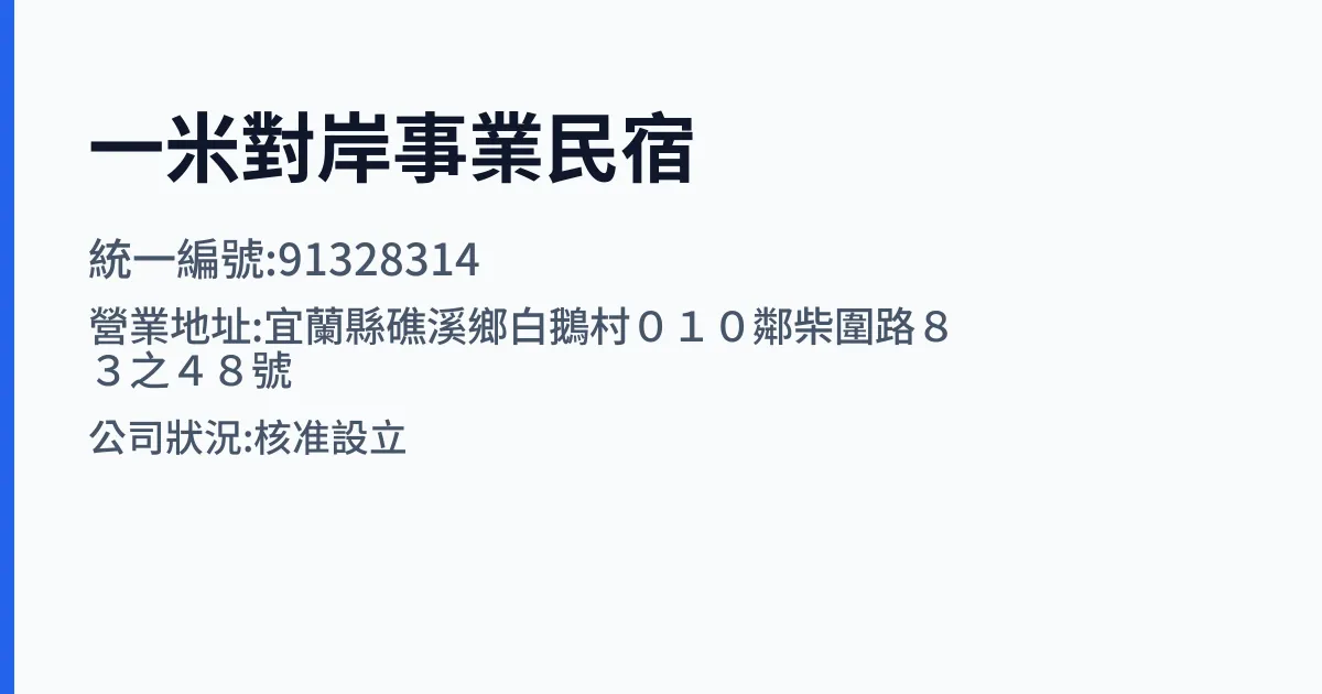 一米對岸事業民宿 - 統編 91328314(宜蘭縣) 公司登記資料與營業項目詳細圖表