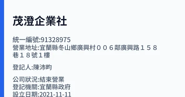 茂澄企業社的照片-統編 91328975(宜蘭縣) 公司登記資料與營業項目詳細圖表