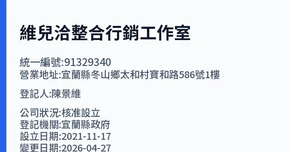 維兒洽整合行銷工作室的照片-統編 91329340(宜蘭縣) 公司登記資料與營業項目詳細圖表