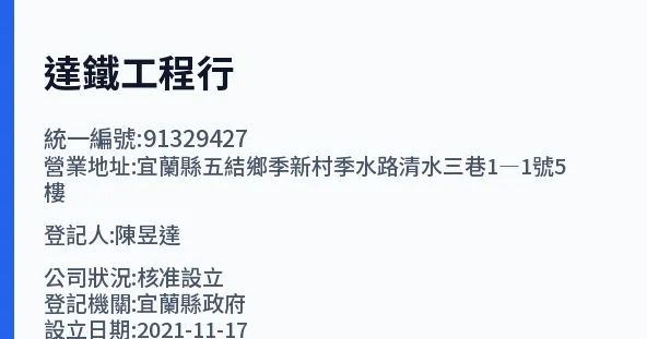 達鐵工程行的照片-統編 91329427(宜蘭縣) 公司登記資料與營業項目詳細圖表