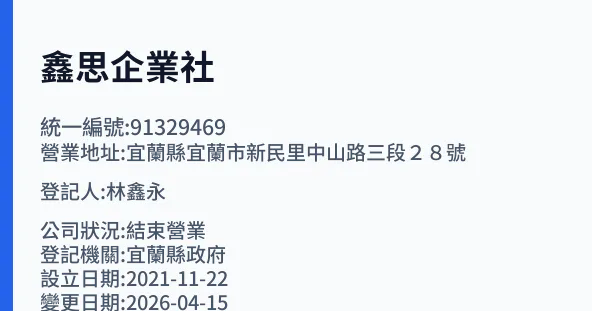鑫思企業社的照片-統編 91329469(宜蘭縣) 公司登記資料與營業項目詳細圖表