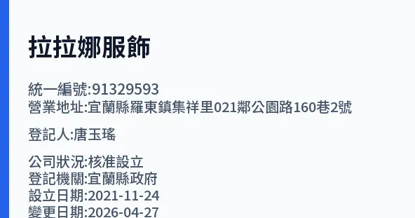 拉拉娜服飾的照片-統編 91329593(宜蘭縣) 公司登記資料與營業項目詳細圖表