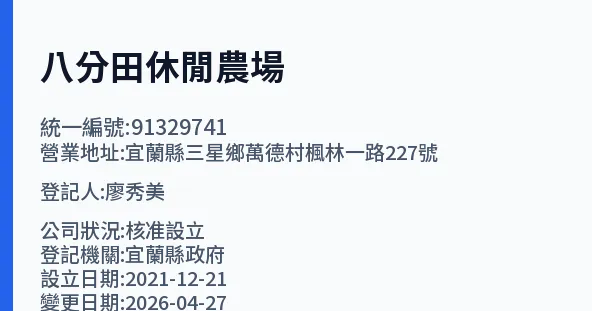 八分田休閒農場的照片-統編 91329741(宜蘭縣) 公司登記資料與營業項目詳細圖表