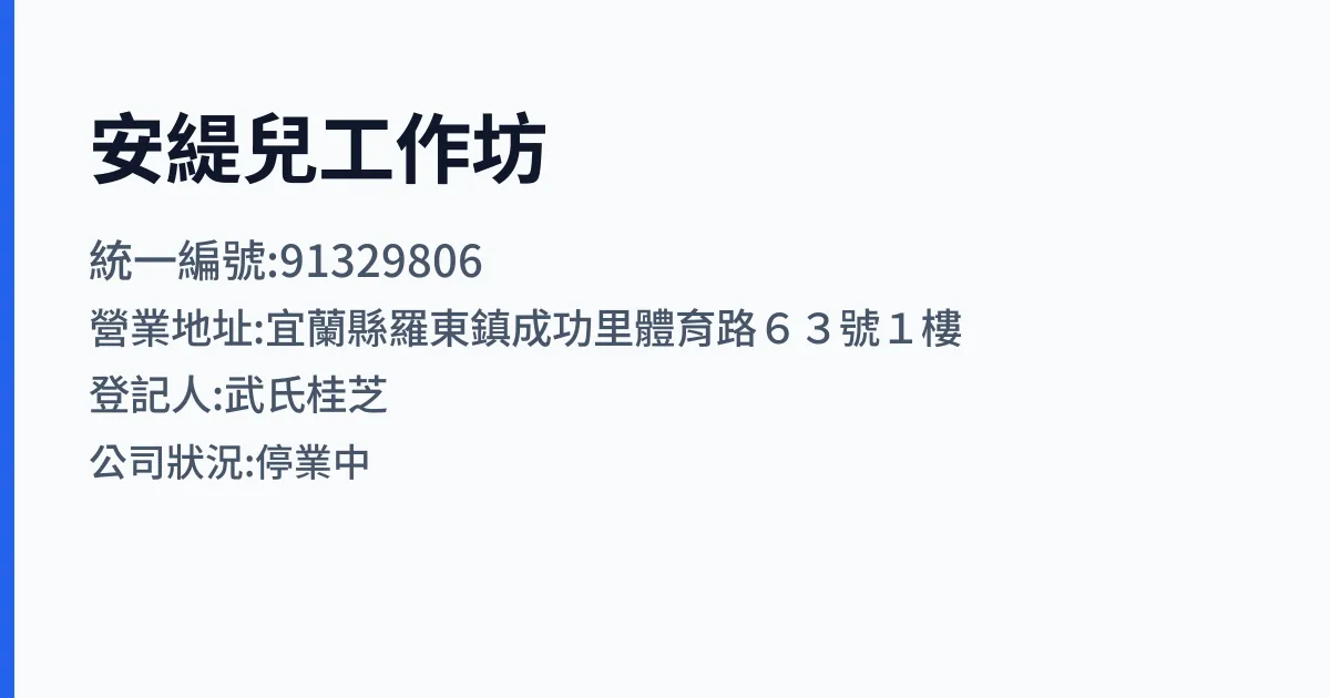 安緹兒工作坊 - 統編 91329806(宜蘭縣) 公司登記資料與營業項目詳細圖表