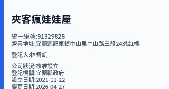 夾客瘋娃娃屋的照片-統編 91329828(宜蘭縣) 公司登記資料與營業項目詳細圖表