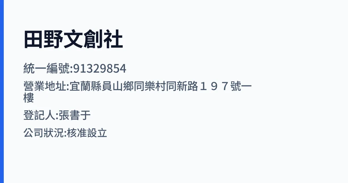 田野文創社 - 統編 91329854（宜蘭縣） 公司登記資料與營業項目詳細圖表