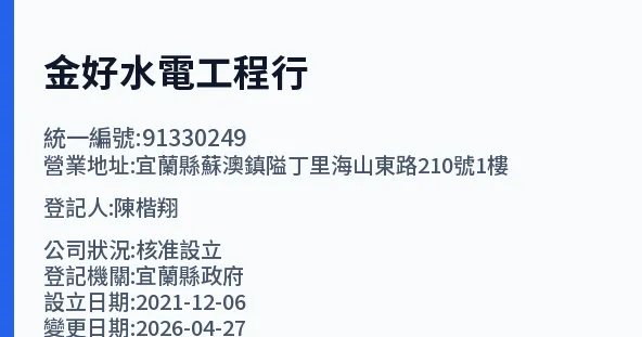 金好水電工程行的照片-統編 91330249(宜蘭縣) 公司登記資料與營業項目詳細圖表