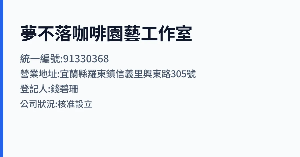 夢不落咖啡園藝工作室 - 統編 91330368(宜蘭縣) 公司登記資料與營業項目詳細圖表