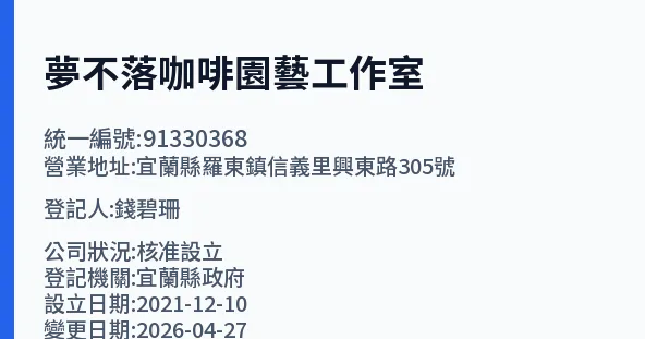夢不落咖啡園藝工作室的照片-統編 91330368(宜蘭縣) 公司登記資料與營業項目詳細圖表