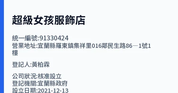 超級女孩服飾店的照片-統編 91330424(宜蘭縣) 公司登記資料與營業項目詳細圖表