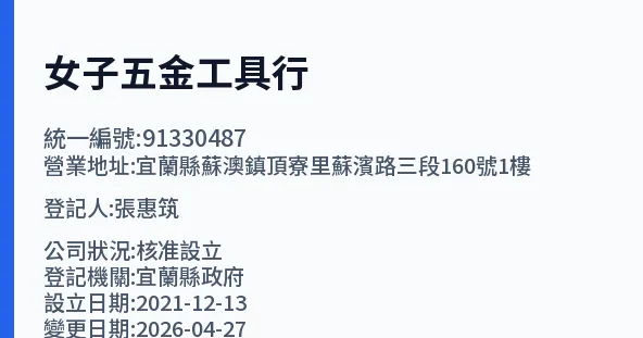 女子五金工具行的照片-統編 91330487(宜蘭縣) 公司登記資料與營業項目詳細圖表