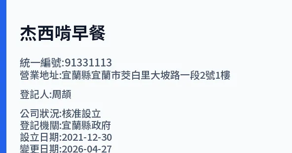 杰西啃早餐的照片-統編 91331113(宜蘭縣) 公司登記資料與營業項目詳細圖表