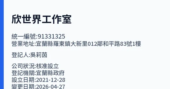 欣世界工作室的照片-統編 91331325(宜蘭縣) 公司登記資料與營業項目詳細圖表