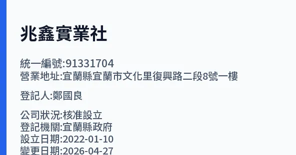 兆鑫實業社的照片-統編 91331704(宜蘭縣) 公司登記資料與營業項目詳細圖表