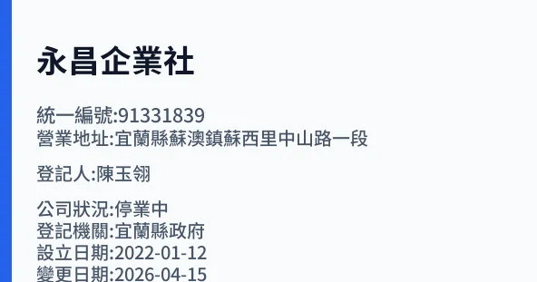 永昌企業社的照片-統編 91331839(宜蘭縣) 公司登記資料與營業項目詳細圖表