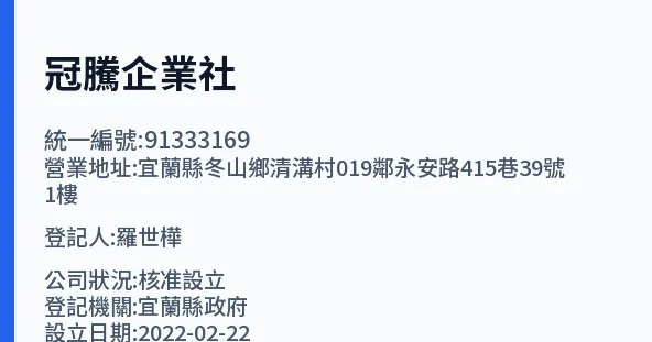冠騰企業社的照片-統編 91333169(宜蘭縣) 公司登記資料與營業項目詳細圖表