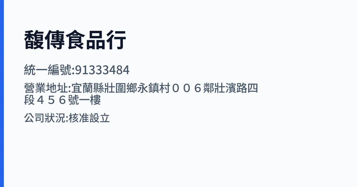 馥傳食品行 - 統編 91333484(宜蘭縣) 公司登記資料與營業項目詳細圖表