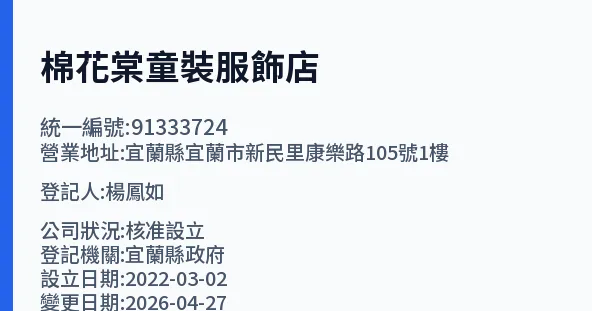 棉花棠童裝服飾店的照片-統編 91333724(宜蘭縣) 公司登記資料與營業項目詳細圖表