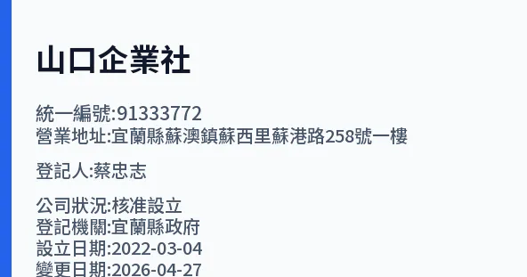 山口企業社的照片-統編 91333772(宜蘭縣) 公司登記資料與營業項目詳細圖表
