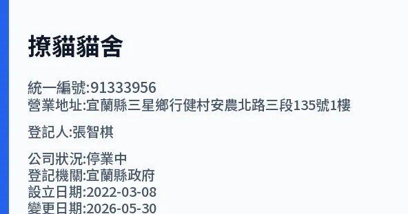 撩貓貓舍的照片-統編 91333956(宜蘭縣) 公司登記資料與營業項目詳細圖表