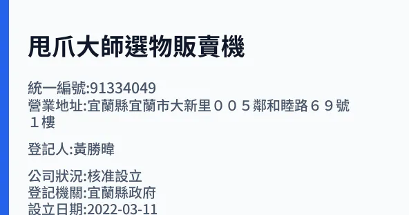甩爪大師選物販賣機的照片-統編 91334049(宜蘭縣) 公司登記資料與營業項目詳細圖表