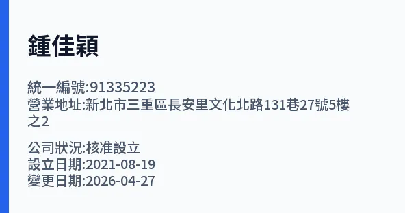 鍾佳穎的照片-統編 91335223(新北市) 公司登記資料與營業項目詳細圖表