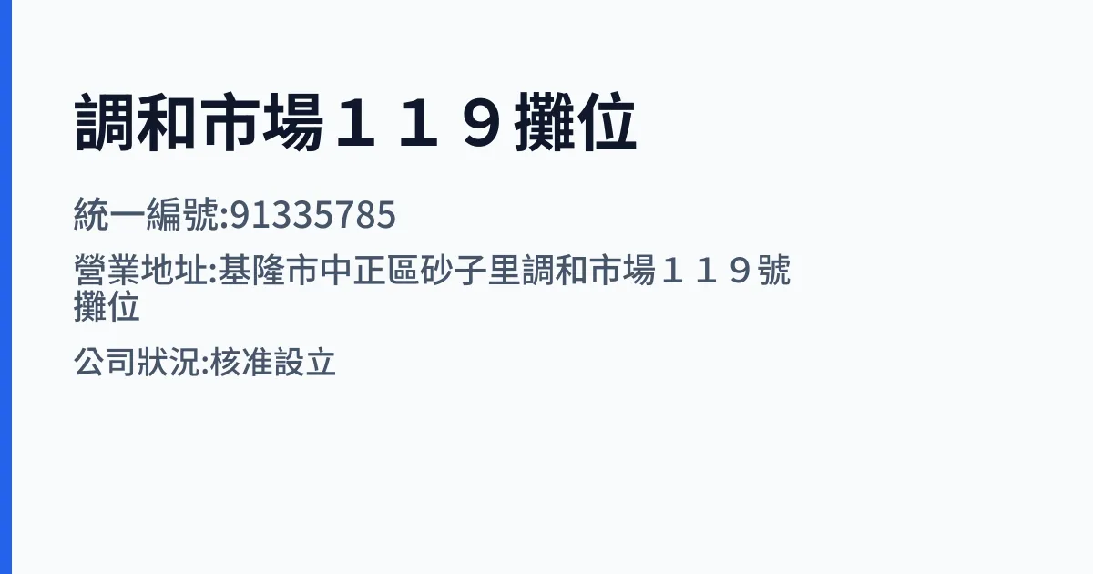 調和市場119攤位 - 統編 91335785(基隆市) 公司登記資料與營業項目詳細圖表