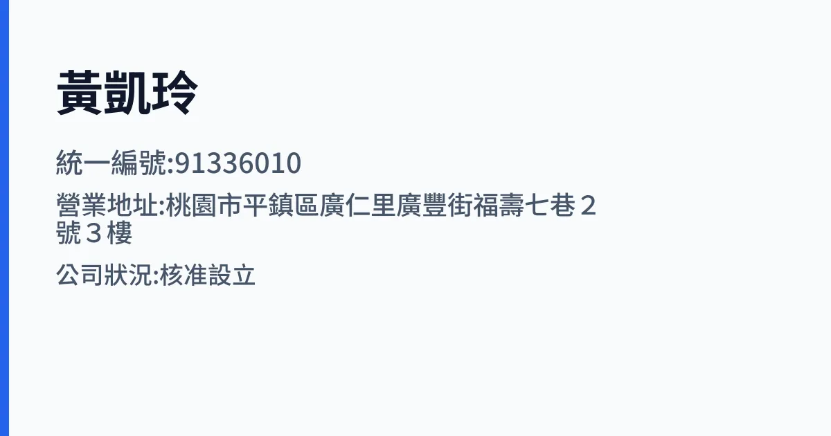 黃凱玲 - 統編 91336010(桃園市) 公司登記資料與營業項目詳細圖表