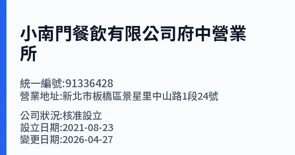 小南門餐飲有限公司府中營業所的照片-統編 91336428(新北市) 公司登記資料與營業項目詳細圖表