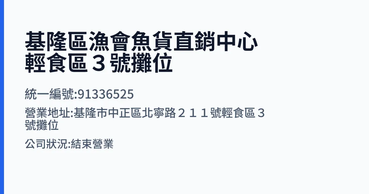基隆區漁會魚貨直銷中心輕食區３號攤位 - 統編 91336525(基隆市) 公司登記資料與營業項目詳細圖表