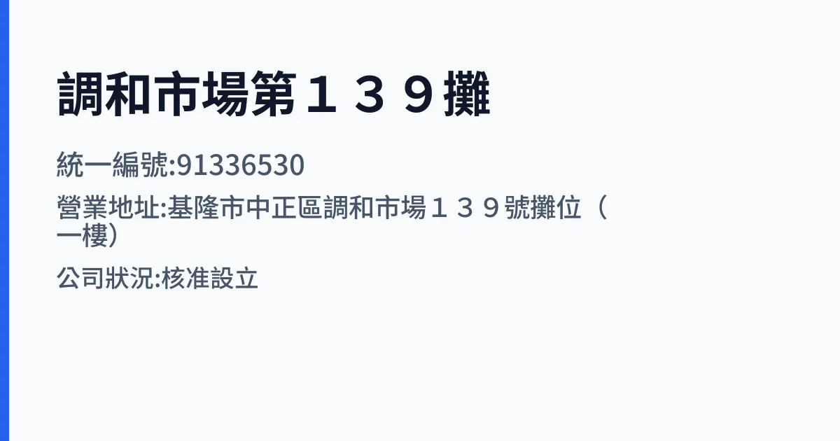 調和市場第１３９攤 - 統編 91336530(基隆市) 公司登記資料與營業項目詳細圖表