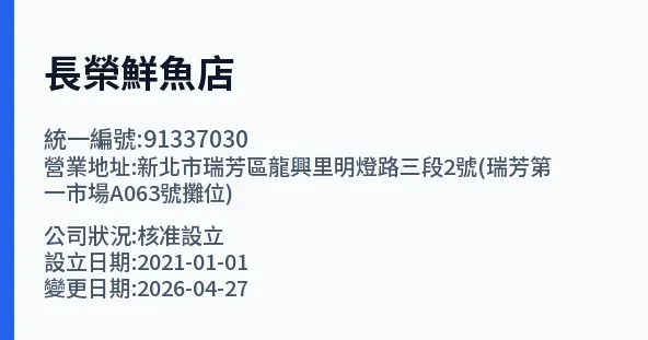 長榮鮮魚店的照片-統編 91337030(新北市) 公司登記資料與營業項目詳細圖表