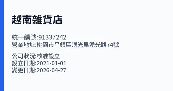 越南雜貨店的照片-統編 91337242(桃園市) 公司登記資料與營業項目詳細圖表