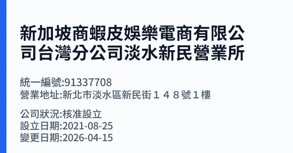 新加坡商蝦皮娛樂電商有限公司台灣分公司淡水新民營業所的照片-統編 91337708(新北市) 公司登記資料與營業項目詳細圖表