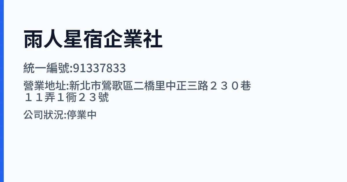 雨人星宿企業社 - 統編 91337833(新北市) 公司登記資料與營業項目詳細圖表