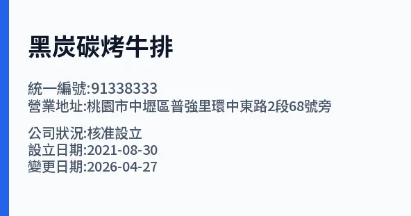 黑炭碳烤牛排的照片-統編 91338333(桃園市) 公司登記資料與營業項目詳細圖表