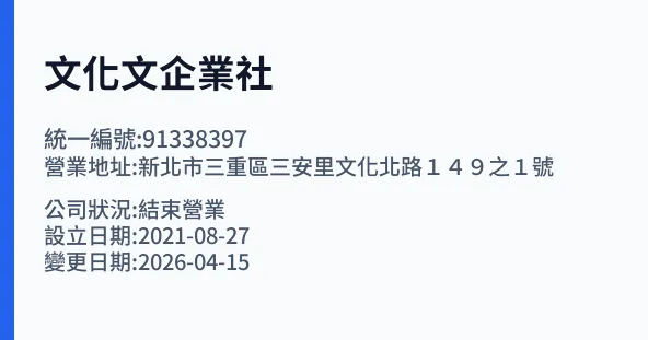 文化文企業社的照片-統編 91338397(新北市) 公司登記資料與營業項目詳細圖表