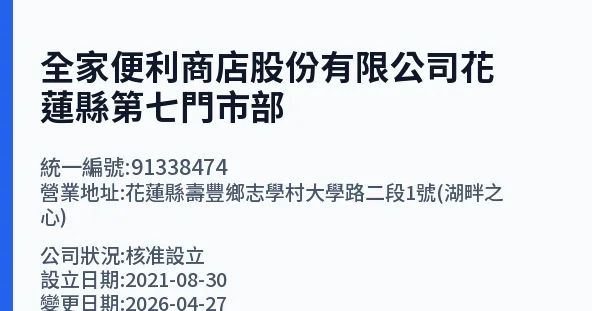 全家便利商店股份有限公司花蓮縣第七門市部的照片-統編 91338474(花蓮縣) 公司登記資料與營業項目詳細圖表