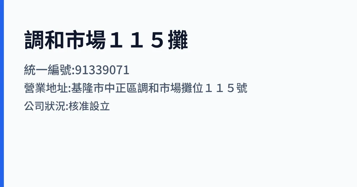 調和市場１１５攤 - 統編 91339071(基隆市) 公司登記資料與營業項目詳細圖表