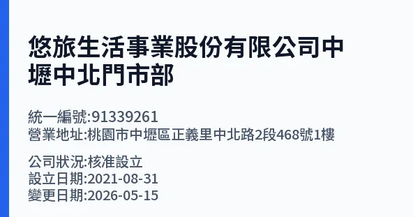 悠旅生活事業股份有限公司中壢中北門市部的照片-統編 91339261(桃園市) 公司登記資料與營業項目詳細圖表